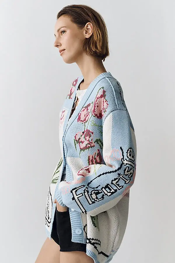 Anthropologie Oversized Floral V-neck Cardigan Sweater