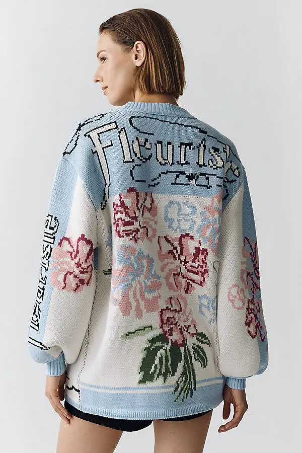 Anthropologie Oversized Floral V-neck Cardigan Sweater