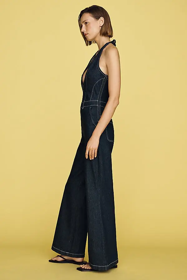 Maeve Plunge Neck Denim Jumpsuit