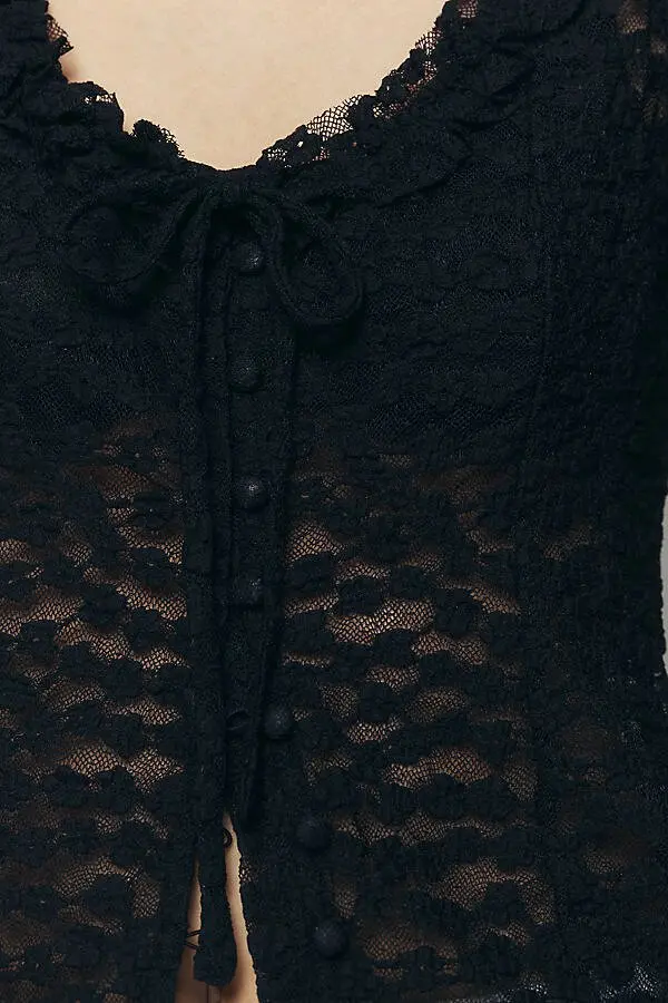 Anthropologie Sheer Lace Puff-sleeve Top - Anthracite