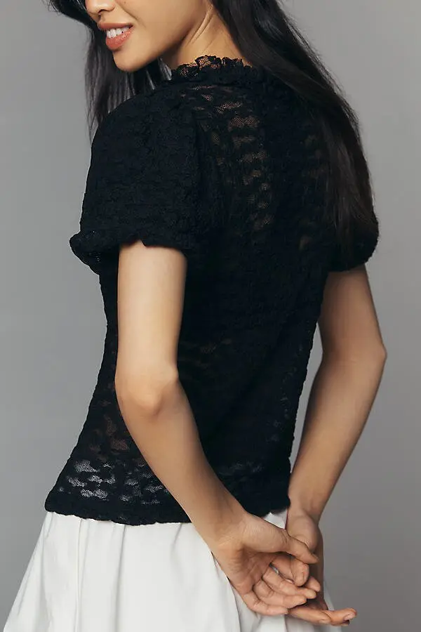 Anthropologie Sheer Lace Puff-sleeve Top - Anthracite