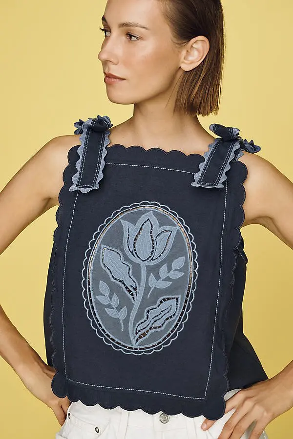 Maeve Cotton Linen Tie-shoulder Tank Top - Navy