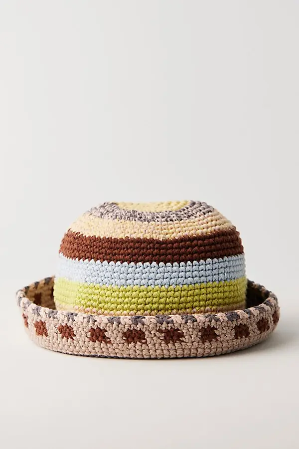 Free People Crochet Bucket Hat With Striped Detailing - Neutral Combo