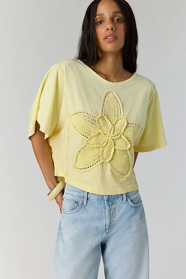 TRICIA FIX Crocheted Applique Cropped T-shirt - Light Yellow