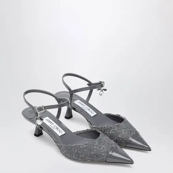 JIMMY CHOO Graphite Leather And Fabric Slingbacks With Pearl Charm