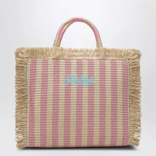 MC2 SAINT BARTH Colette Striped Straw-effect Fabric Bag With Fringe And Embroidery