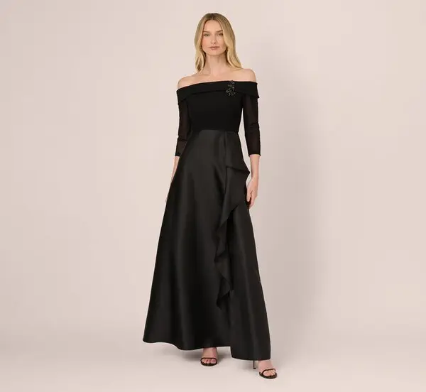 Adrianna Papell Off-the-shoulder Draped Mikado Gown
