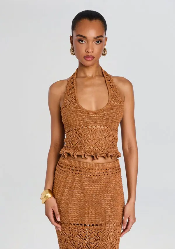 Retrofete Laurine Crochet Halter Neck Top - Metallic Rust
