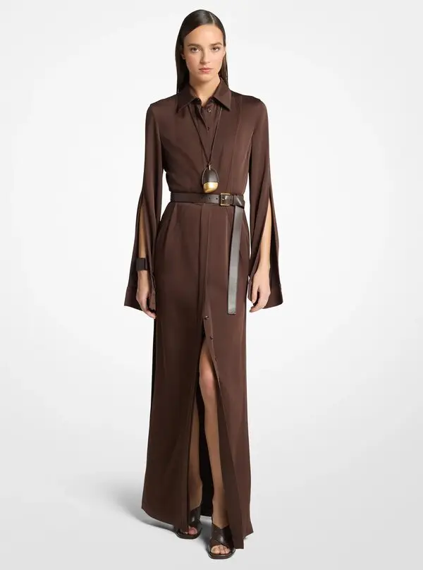 Michael Kors Techno Satin Slit-sleeve Shirtdress - Brown