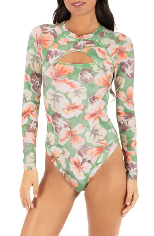 Hurley Printed Cut Out Long Sleeve One Piece Swimsuit - Seafoam Pink Floral