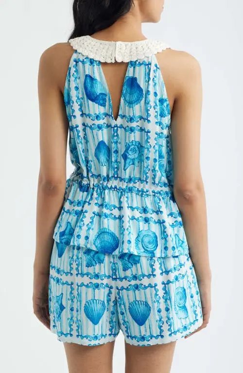CITY BLUES Sleeveless Shell Print Top With Crochet Collar
