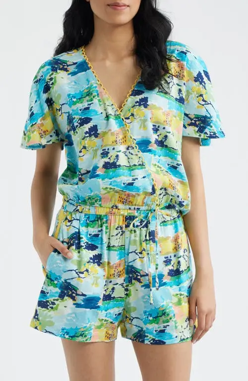 CITY BLUES Allover Print Faux Wrap Shirt With Lacy Trim