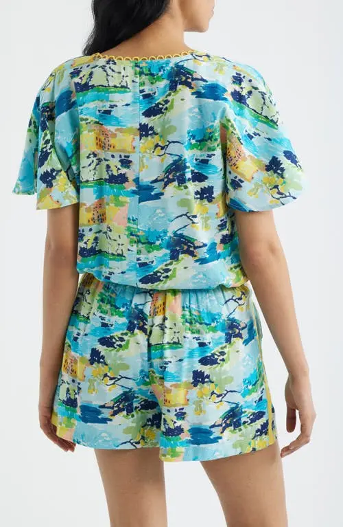 CITY BLUES Allover Print Faux Wrap Shirt With Lacy Trim