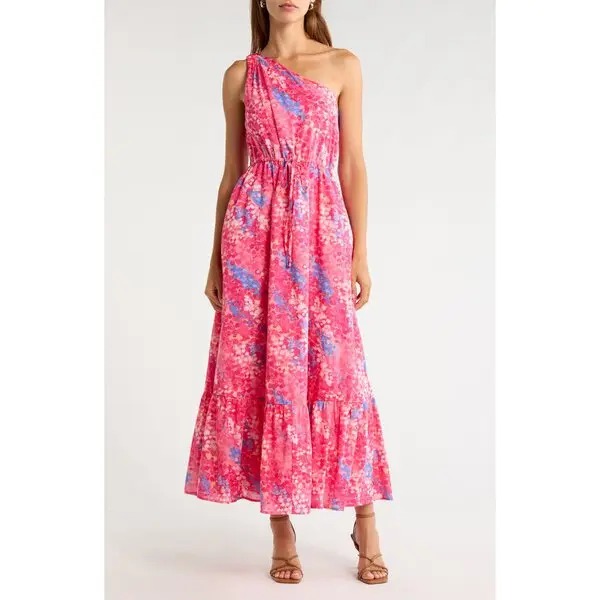 SUGARLIPS Leah Abstract Floral One Shoulder Maxi Dress - Pink-blue