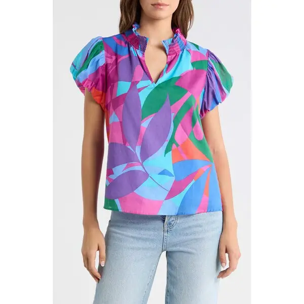 SUGARLIPS Abstract Print Puff Sleeve Top - Magenta-blue-green