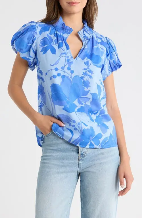 SUGARLIPS Floral Puff Sleeve Cotton Top - Light Blue