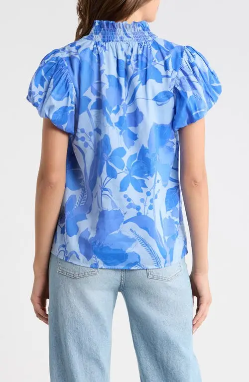 SUGARLIPS Floral Puff Sleeve Cotton Top - Light Blue
