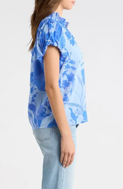 SUGARLIPS Floral Puff Sleeve Cotton Top - Light Blue