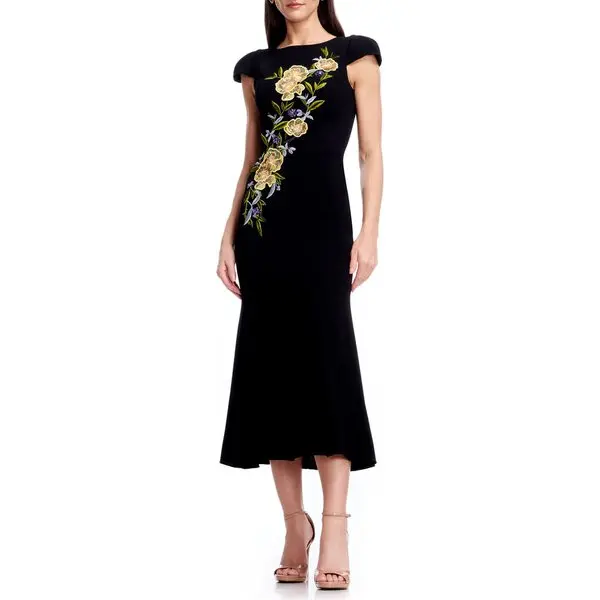 Dress The Population Sheryl Floral Appliqué Midi Cocktail Dress - Black Multi