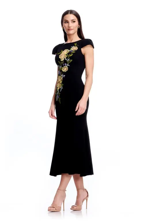 Dress The Population Sheryl Floral Appliqué Midi Cocktail Dress - Black Multi