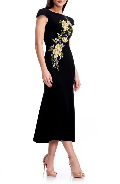 Dress The Population Sheryl Floral Appliqué Midi Cocktail Dress - Black Multi