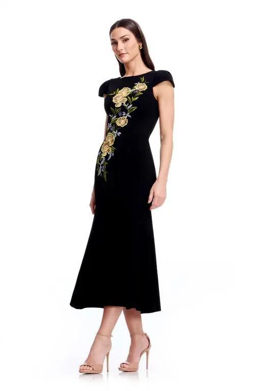 Dress The Population Sheryl Floral Appliqué Midi Cocktail Dress - Black Multi
