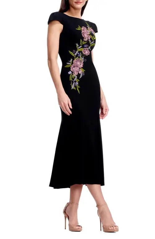 Dress The Population Sheryl Floral Appliqué Midi Cocktail Dress - Black Multi