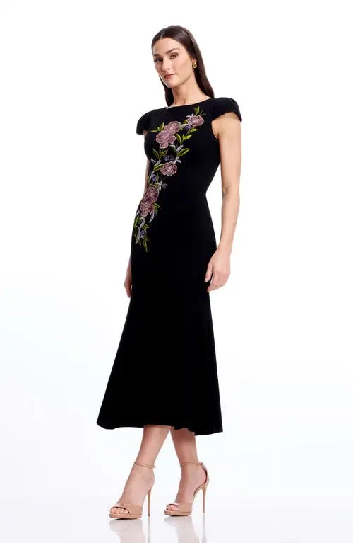 Dress The Population Sheryl Floral Appliqué Midi Cocktail Dress - Black Multi