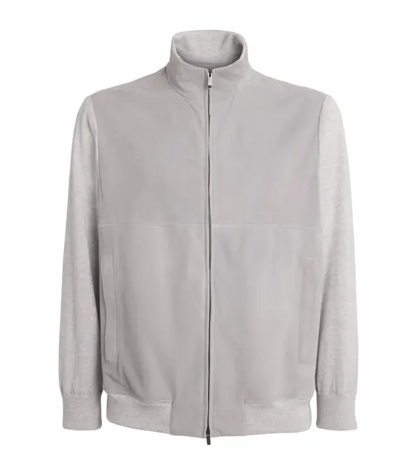 Paul & Shark Aqua Suede Bomber Jacket With Cashmere-linen Blend Sleeves