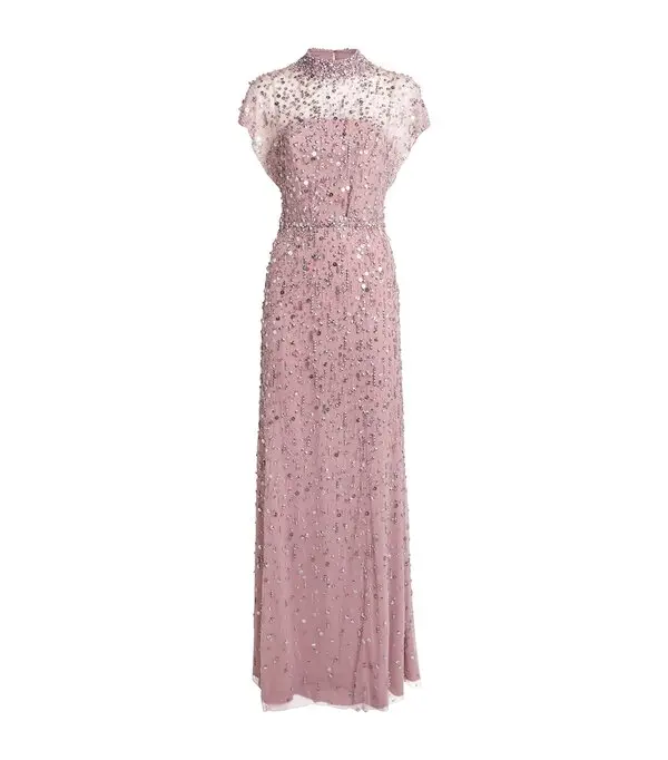 Jenny Packham Embellished Crystal Drop Gown - Pink