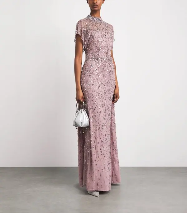 Jenny Packham Embellished Crystal Drop Gown - Pink