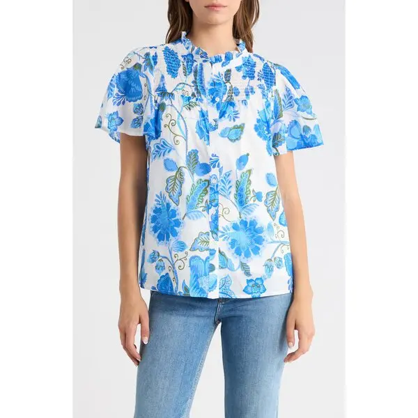 SUGARLIPS Floral Mock Neck Cotton Top - White-blue-green