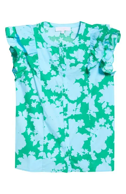 SUGARLIPS Floral Cotton Button-up Shirt With Ruffled Cap Sleeves - Blue-kelly