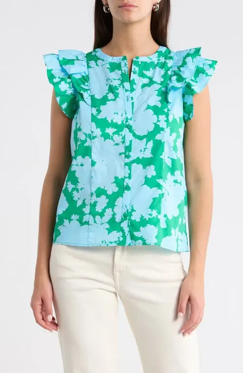 SUGARLIPS Floral Cotton Button-up Shirt With Ruffled Cap Sleeves - Blue-kelly