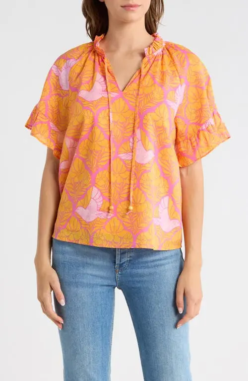SUGARLIPS Jaidy Floral Split Neck Cotton Top - Orange-pinks-multi