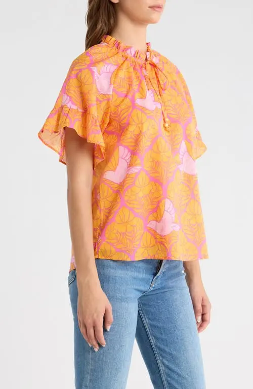 SUGARLIPS Jaidy Floral Split Neck Cotton Top - Orange-pinks-multi