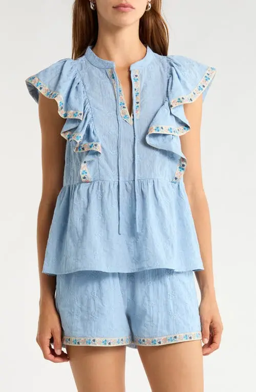 SUGARLIPS Marcy Floral Ruffle Trim Split Neck Top - Lt-blue