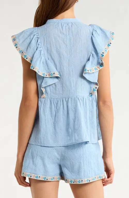 SUGARLIPS Marcy Floral Ruffle Trim Split Neck Top - Lt-blue