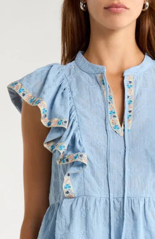 SUGARLIPS Marcy Floral Ruffle Trim Split Neck Top - Lt-blue