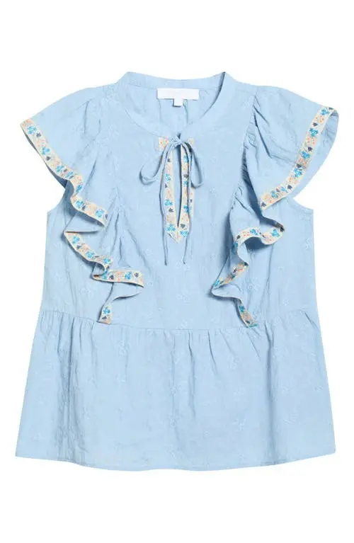 SUGARLIPS Marcy Floral Ruffle Trim Split Neck Top - Lt-blue
