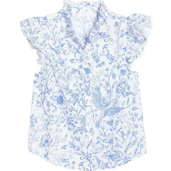 SUGARLIPS Eve Floral Cotton Button-up Shirt With Ruffled Sleeves - Blue-white