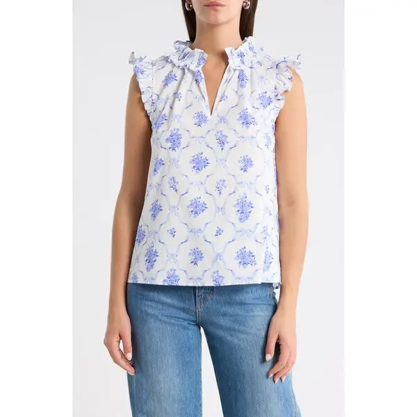 SUGARLIPS Floral Flutter Sleeve Top - White-blue