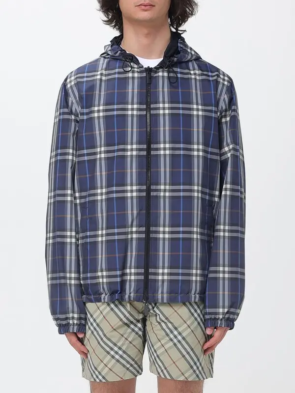 Burberry Checked Polyester Windbreaker Jacket - Blue