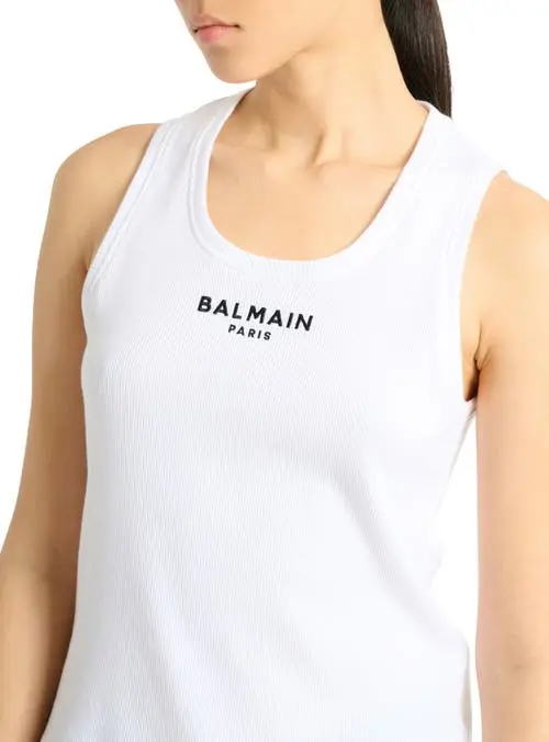 Balmain Embroidered Ribbed Tank Top - White