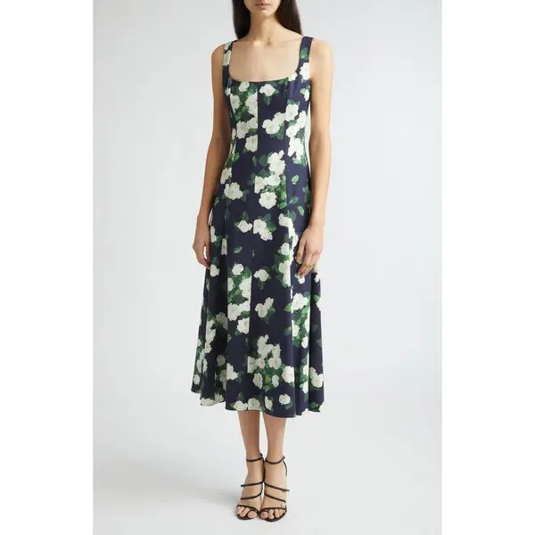 Carolina Herrera Rose Print Sleeveless Square Neck Midi Dress - Midnight Multi