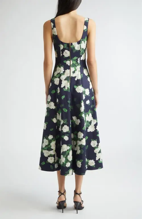 Carolina Herrera Rose Print Sleeveless Square Neck Midi Dress - Midnight Multi