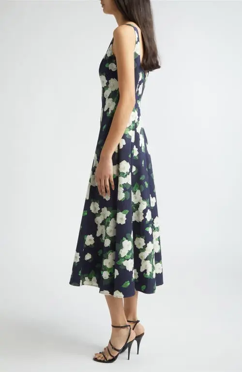 Carolina Herrera Rose Print Sleeveless Square Neck Midi Dress - Midnight Multi