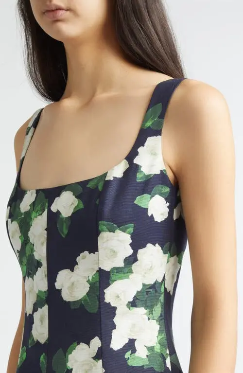 Carolina Herrera Rose Print Sleeveless Square Neck Midi Dress - Midnight Multi
