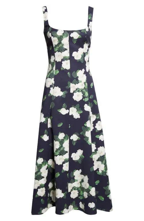 Carolina Herrera Rose Print Sleeveless Square Neck Midi Dress - Midnight Multi