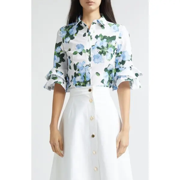 Carolina Herrera Rose Print Tiered Ruffle Cuff Button-up Shirt